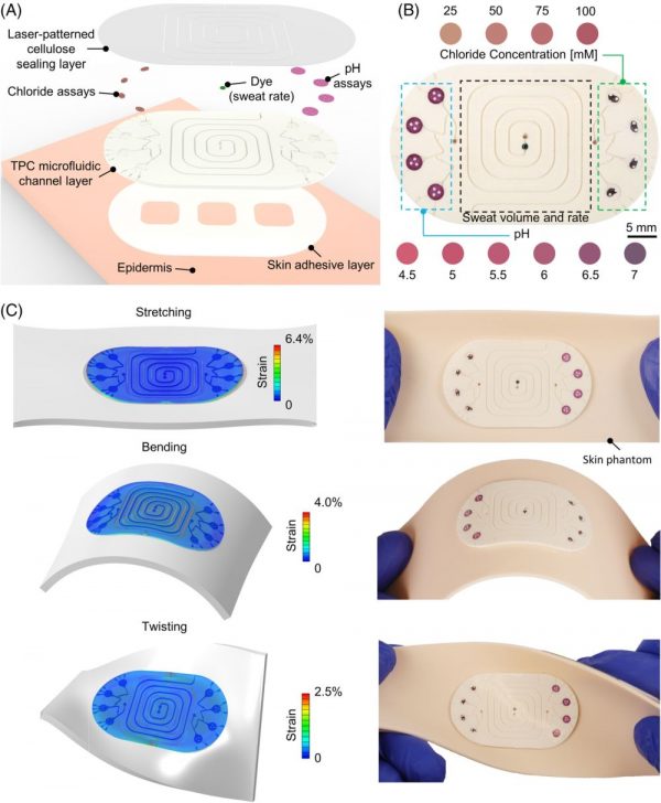 Wearable chip detects sweat rate, sweat loss, and sweat biomarkers